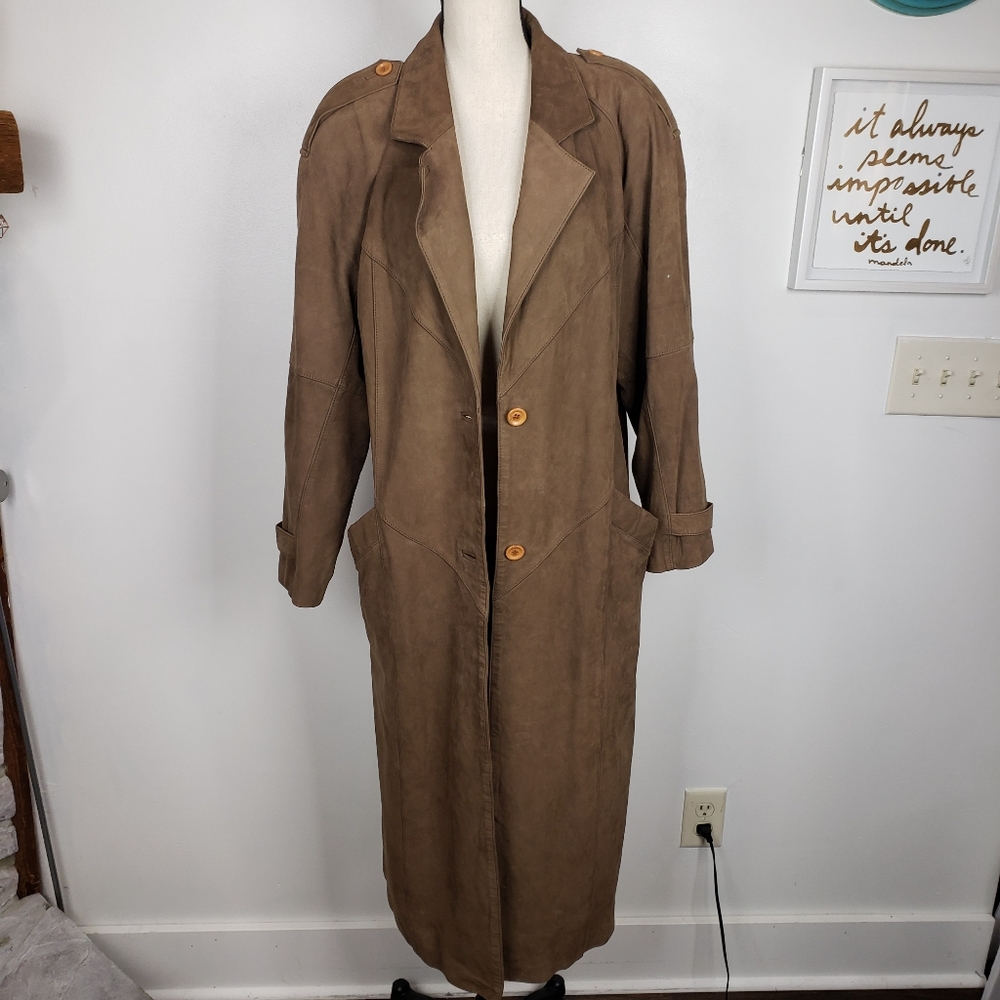 Vintage Lisa Loren Tan Nubuck Suede Leather Long Tren… - Gem